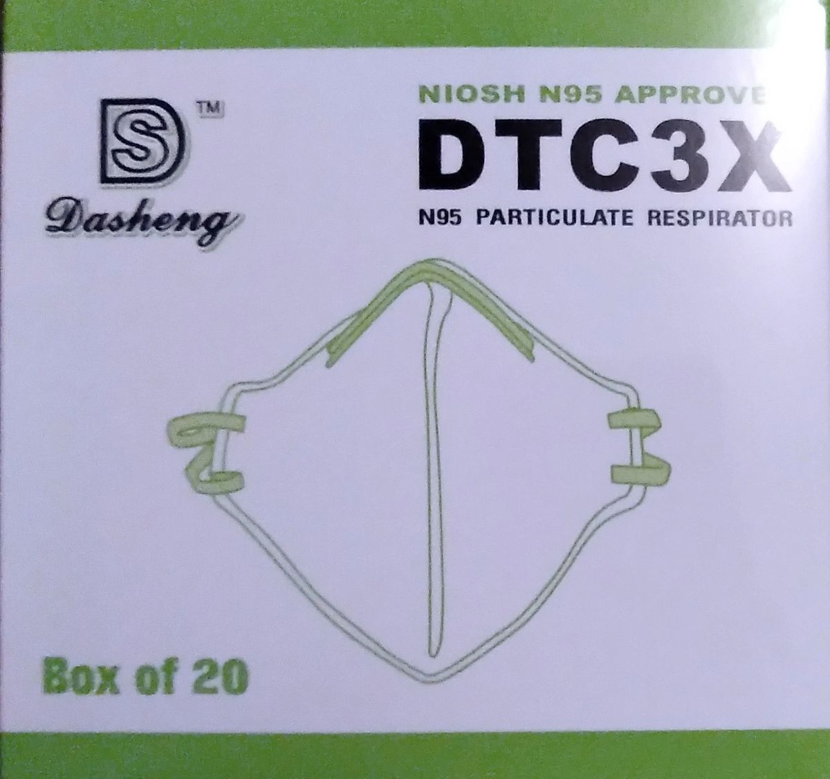 DASHENG N95 PARTICULATE RESPIRATOR MASK NON-VALVED 20 PIECES BOX